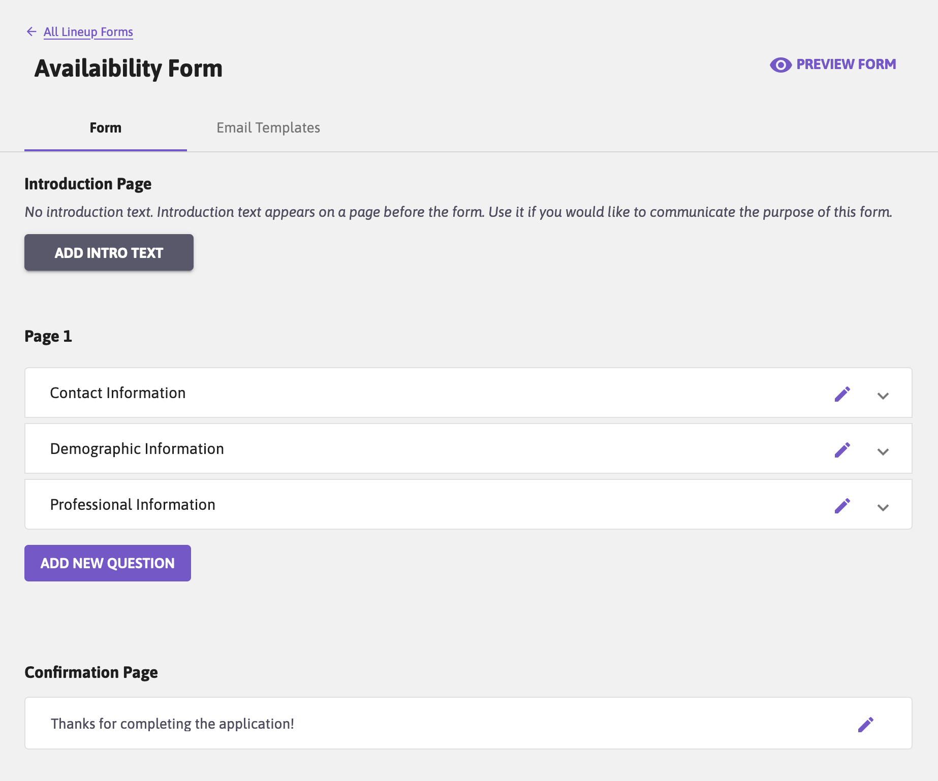 Creating a Team Form – lineup